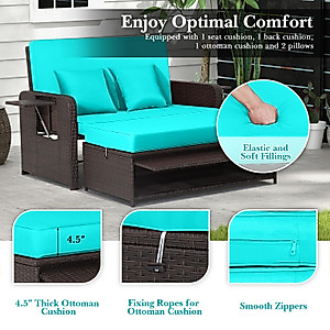 RELAX4LIFE Wicker Patio Outdoor Daybed - Rattan Day Bed Lounger with Loveseat & Storage Ottoman, Sunbed Sofa Set w/Cushions, 4-Level Adjustable Backrest & 2 Retractable Trays, Patio Daybed (Turquoise)