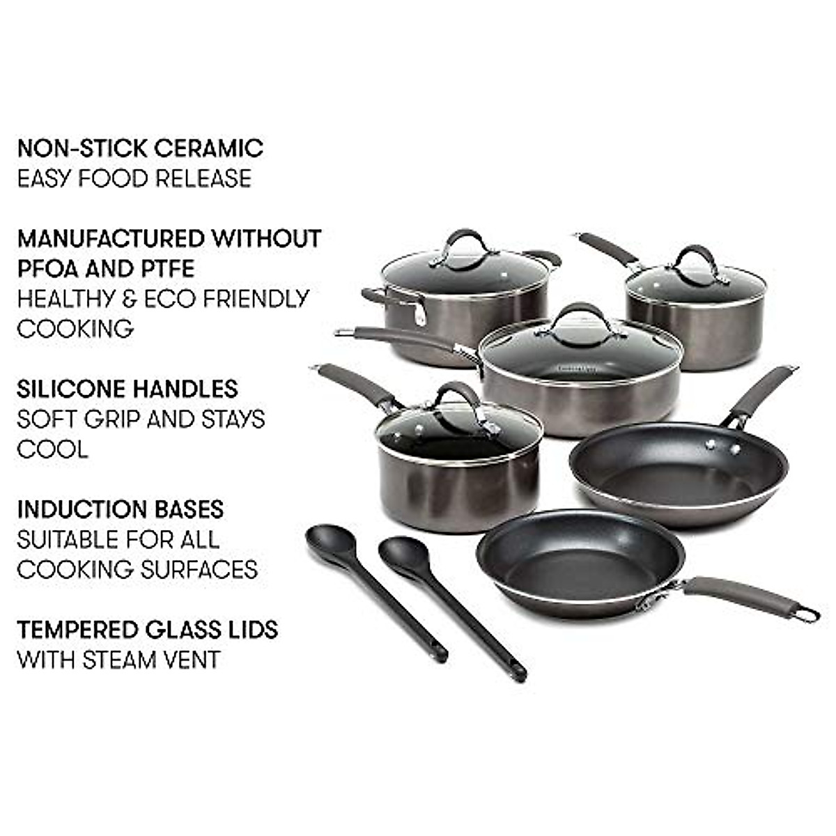 Cooking Light Allure Non-Stick Ceramic Cookware with Silicone Stay Cool Handle, 12 Piece Set, Charcoal