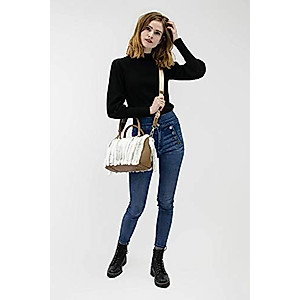 surell - Luxurious Mink Fur Handbag w Tails - Leather Tote Bag - High Fashion Purse Gift - Beautifully Crafted Pocketbook with Zipper Closure - Stylish and Quality Fuzzy Accessory - (White/Beige)