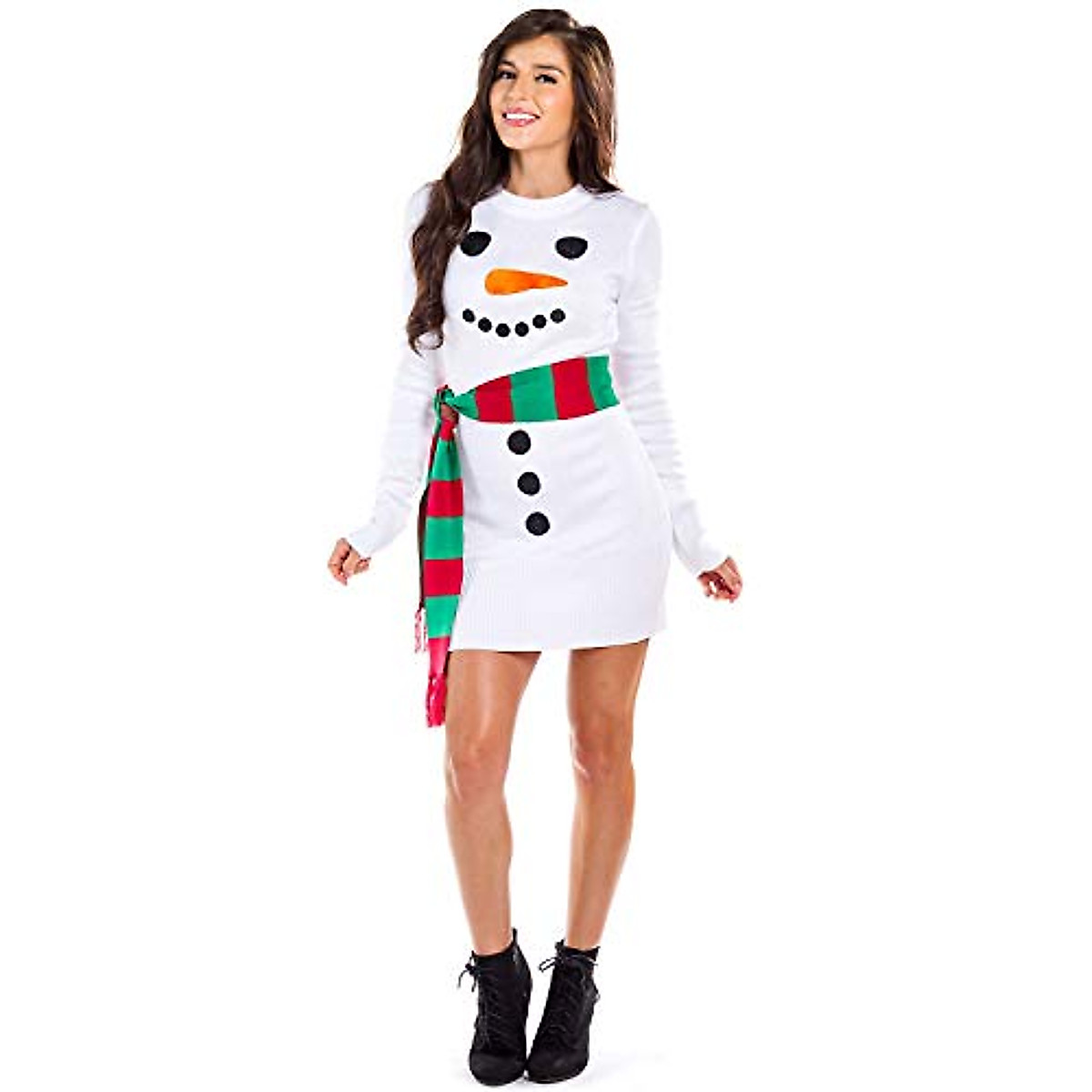 Women's Snowman Ugly Sweater Dress - White Snowman Christmas Dress with Scarf: Medium