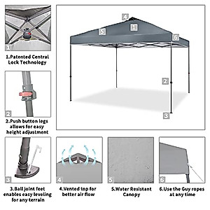 CROWN SHADES Canopy Tent 10x10 One Push Pop up Canopy Easy Up Canopy Bonus Carry Bag, 8 Stakes, 4 Ropes, Grey
