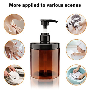 Hethyo Pump Bottle Dispenser 3 Pcs 600ml/20oz Refillable Plastic Pump Bottles Wide Mouth Jar Style BPA Free Empty Pump Bottles Bathroom Shower Containers for Lotion Shampoo Conditioner (Brown)