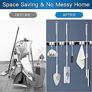romise Broom Holder Wall Mount Mop and Broom Holder Wall Mount & Self Adhesive - Garage Storage Rack & Garden Tool Organizer for Home Laundry Pantry Kitchen Organization (5 Positions with 4 Hooks)