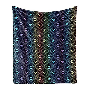 Ambesonne Dog Lover Soft Flannel Fleece Throw Blanket, Paw Print Pattern Diamond Shaped Rhombus Shapes Design Geometric Arrangement, Cozy Plush for Indoor and Outdoor Use, 70" x 90", Blue Orange