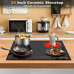 Cooksir Electric Cooktop 24 Inch, 4 Burner Electric Stove Top Drop-in 220V-240V, 24 Inch large Ceramic Stovetop with Ceramic Glass, Timer, Kids Safety Lock, 9 Heating Level, 220V Hard Wired (No Plug)