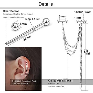 Dyknasz 14G Stainless Steel Industrial Earrings with Chain Dangle Industrial Piercing Jewelry Cartilage Earring Industrial Barbell for Women Men 38mm 1&1/2 Inch