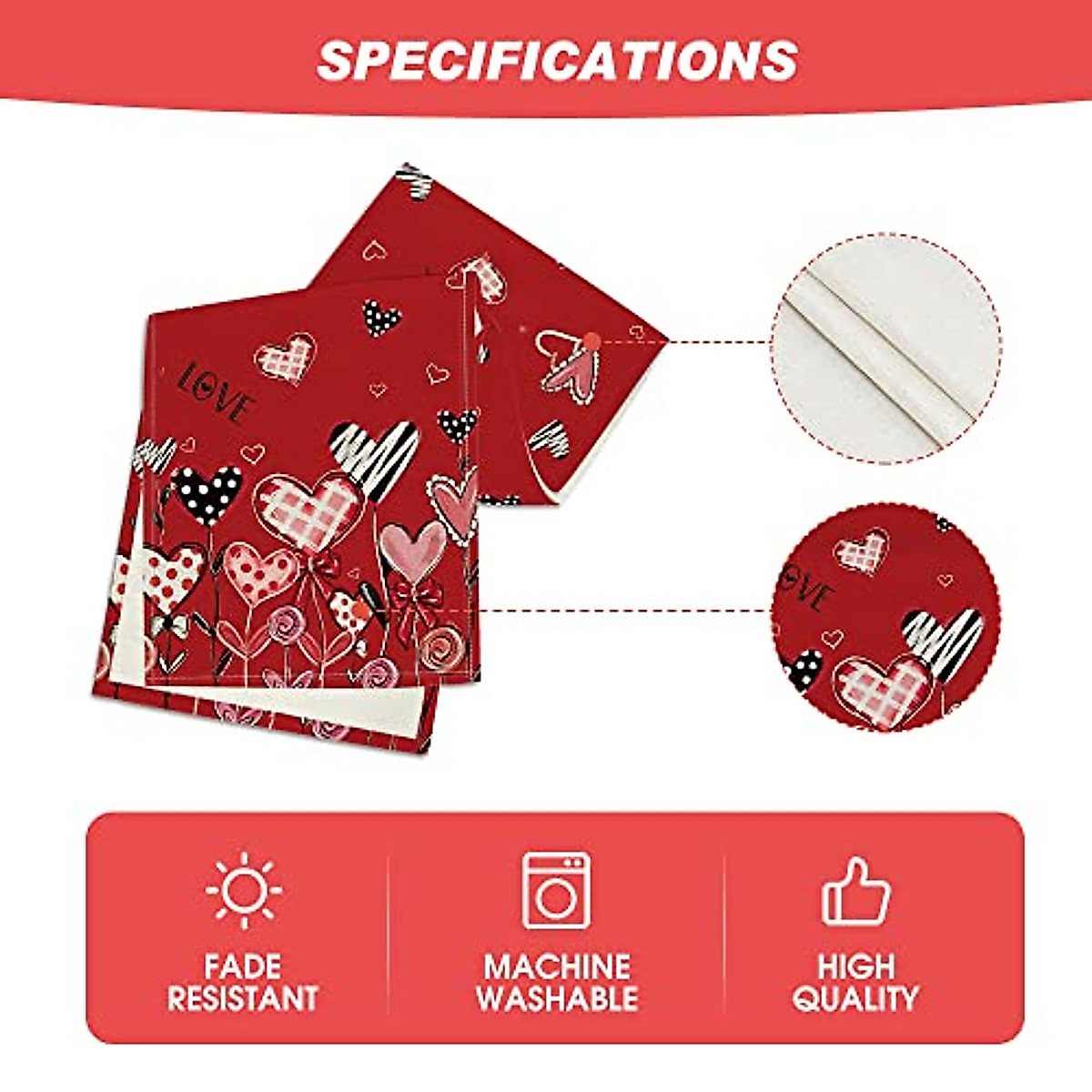 Artoid Mode Red Love Hearts Leaves Valentine's Day Table Runner, Seasonal Holiday Kitchen Dining Table Decoration for Home Party Decor 13x72 Inch