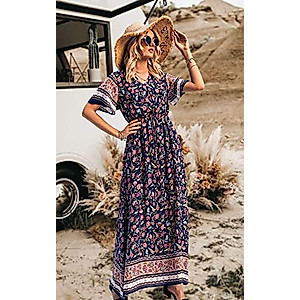 PRETTYGARDEN Women's Casual Summer Boho Floral Print Dress V Neck Short Sleeve High Waist Long Maxi Beach Dresses (Navy,Medium)