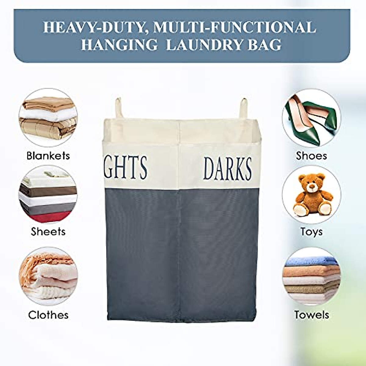 The Fine Living Co. X-Large Two Compartments Hanging Laundry Hamper with Over Door Hooks, Durable Space Saving Laundry Bag Storage with Bottom Zipper, Wide Open Top Dark/Light Compartment(25"x10"x31")