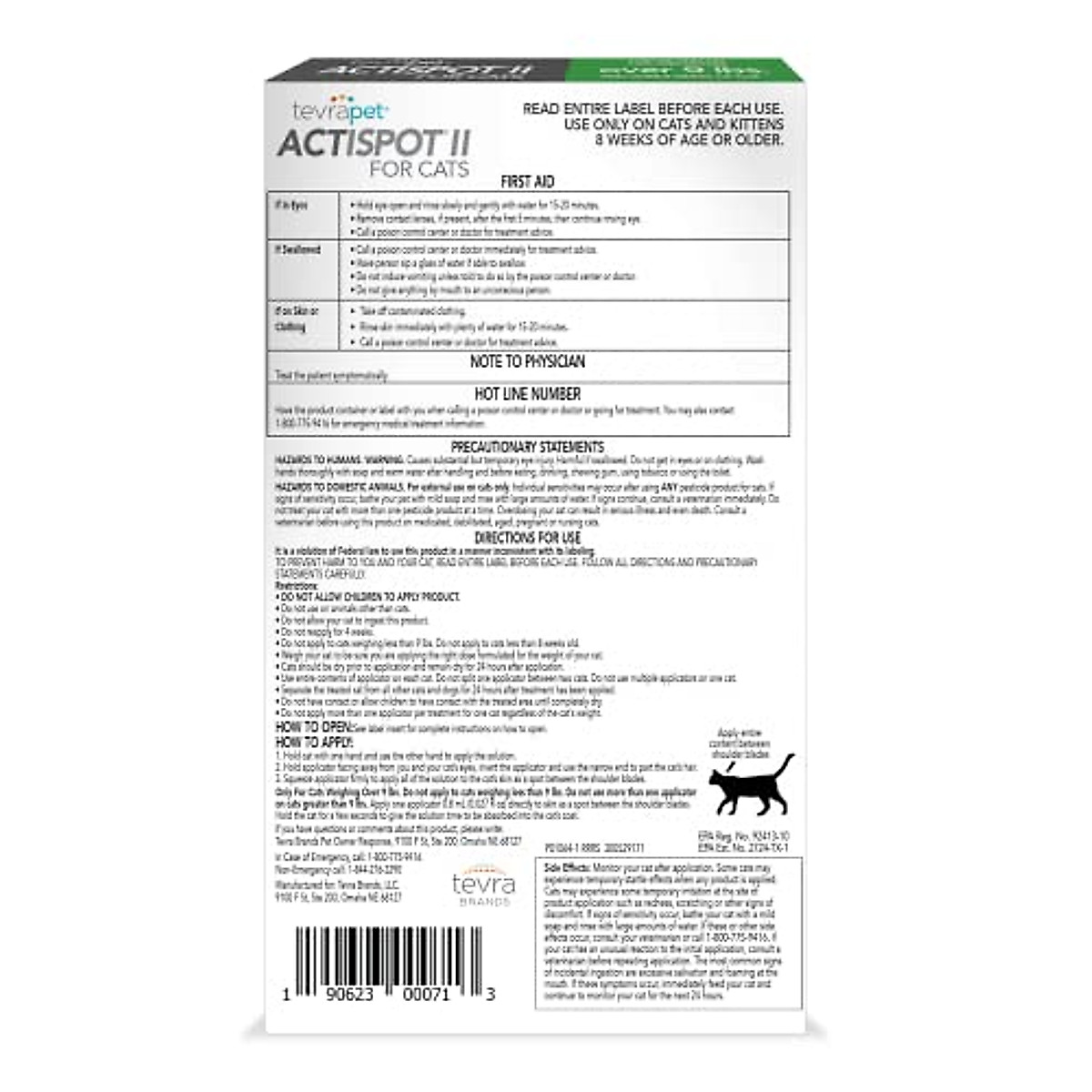 TevraPet Actispot II Flea Treatment for Large Cats 9+ lbs | 6 Doses | Powerful Prevention and Control