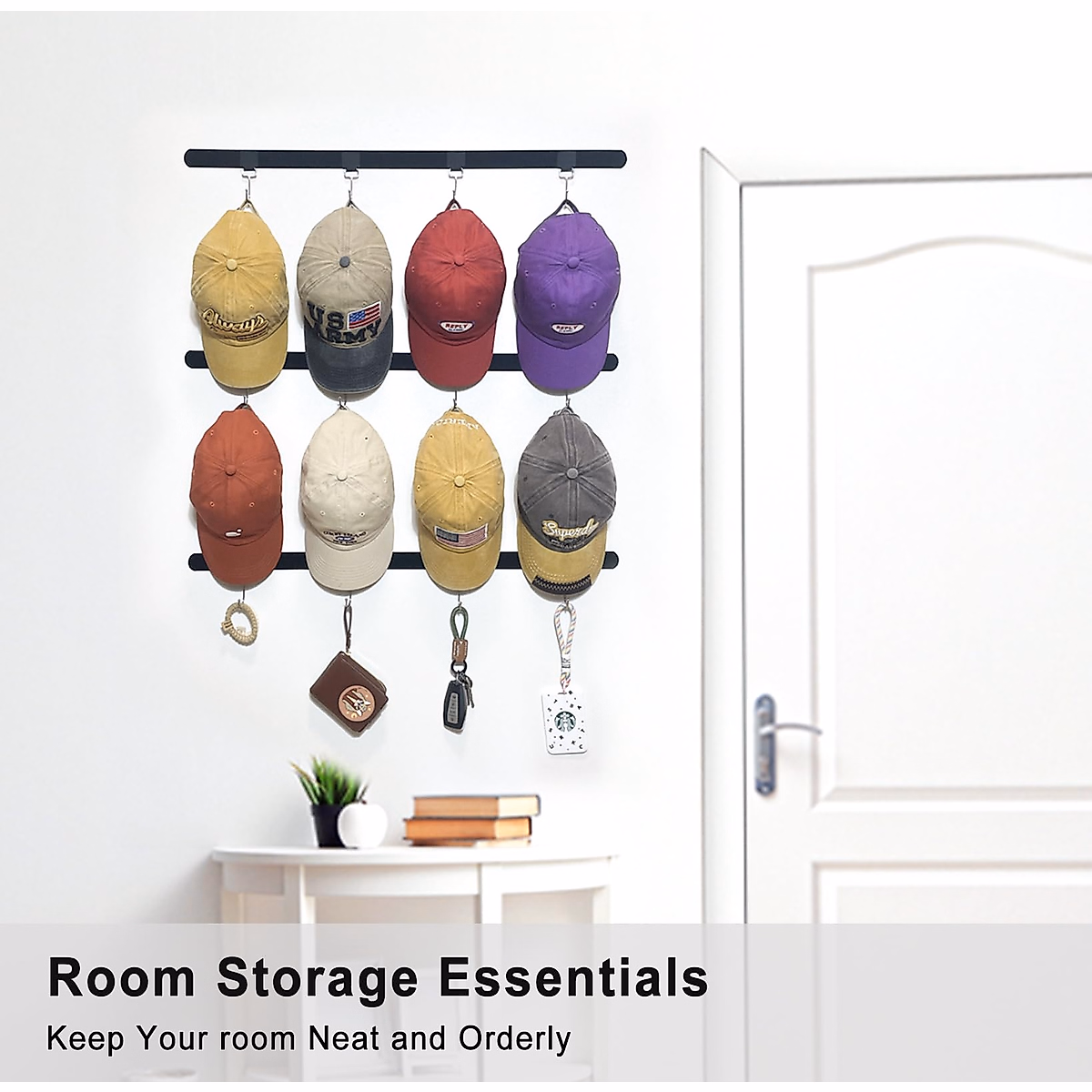 ETOWIFA Adhesive Hat Organizer Rack for Baseball Caps [Up to 36 Caps] Hat Hangers Holder Display for Wall, Over Door Closet, Room/College Dorm Storage - 3 Magic Strips with 12 Removable Hooks