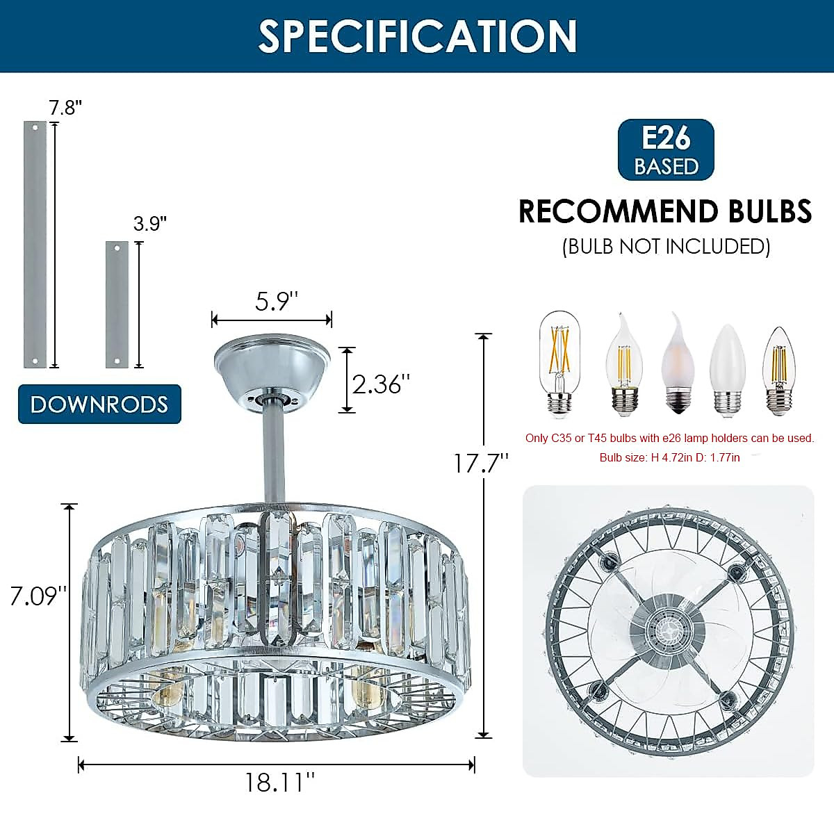 GDLT 18" Silver Crystal Caged Ceiling Fan with Lights and Remote, Modern Crystal Fandelier Chorme Ceiling Fan with Light and Reversible Motor, Chandelier Ceiling Fan for Bedroom, Living Room
