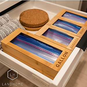 LandHome Ziplock Bag Organizer for Drawer - Bamboo Kitchen Food Storage Bag Organizer Holder, Gallon Quart Snack and Sandwich Baggie Organizer Compatible with Ziploc Solimo and More, Set of 4