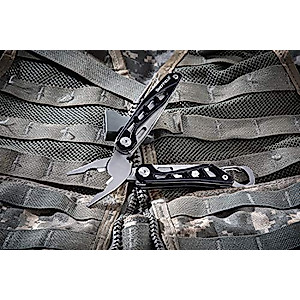 Sheffield 12176 Warren 10-in-1 Multi Tool with Carabiner | Folding Pocket Knife, Screwdrivers, Saw, Wire Cutters & More in One Multifunction Tool| Easy Open | for Hiking, Fishing, Camping + | Sheath,Black