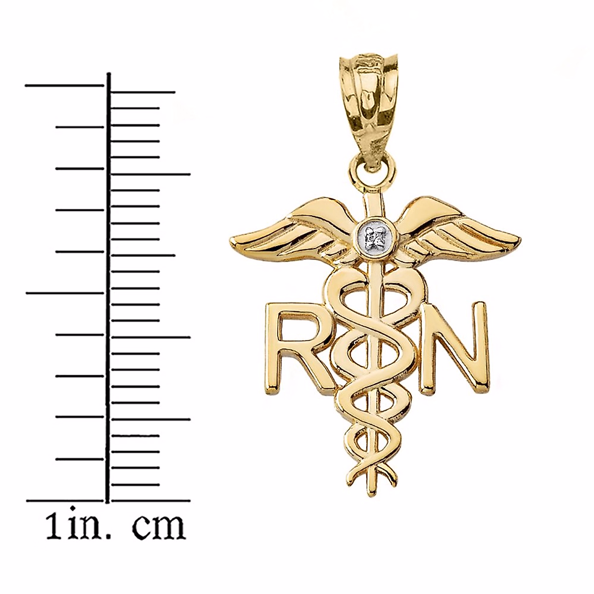 14k Yellow Gold Solitaire Diamond Caduceus RN Charm Registered Nurse Necklace, 16"