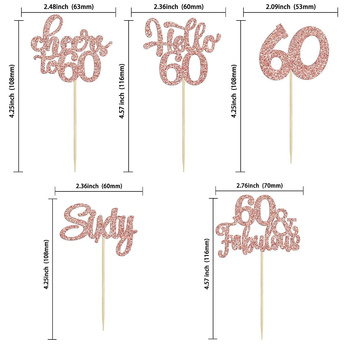 30Pcs Happy 60th Birthday Cupcake Toppers Rose Gold Glitter Sixty Cake Toppers Cheers to 60 Years Old Birthday Cupcake Picks for 60th Birthday Anniversary Party Cake Decorations Supplies