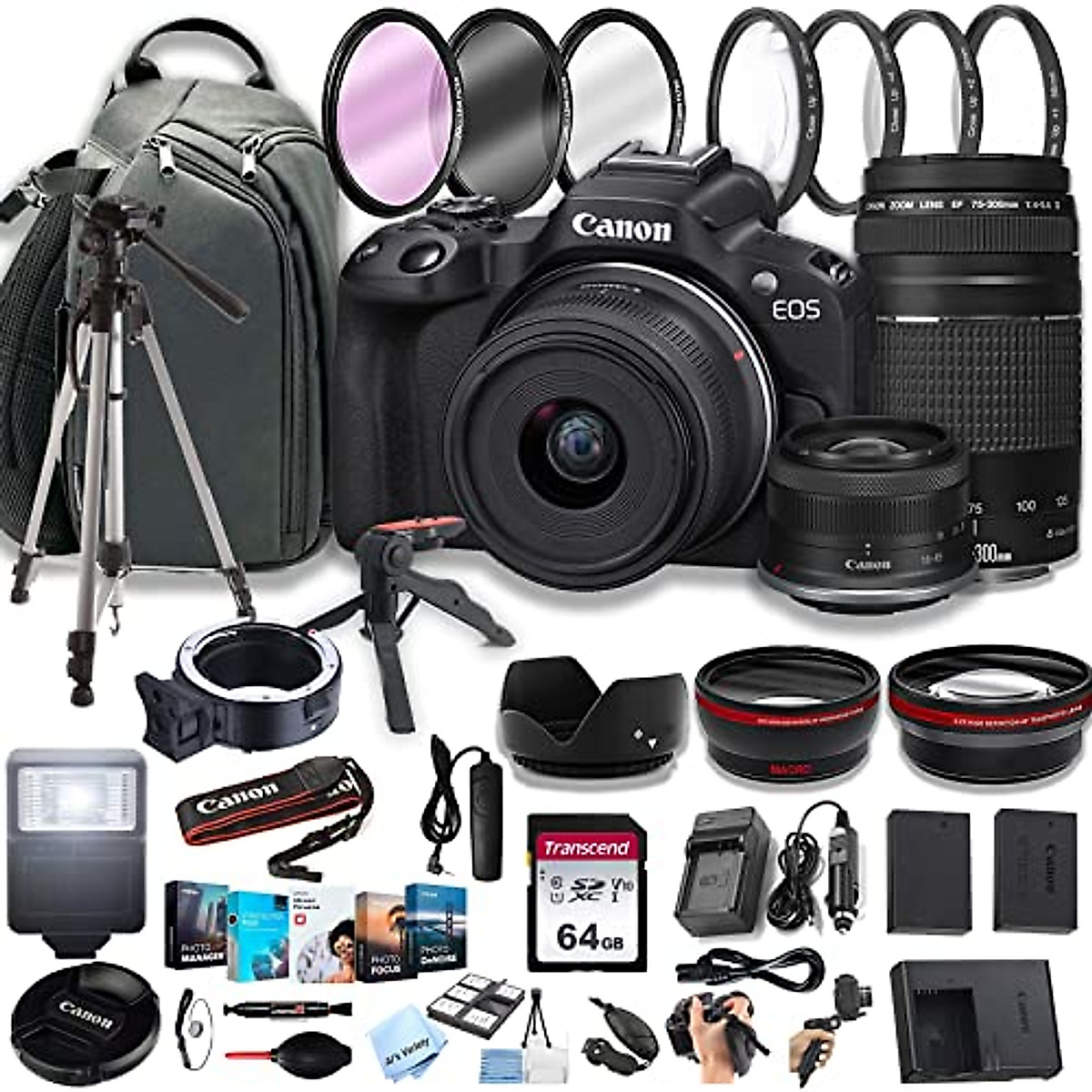 Canon EOS R50 Mirrorless Digital Camera with RF-S 18-45mm f/4.5-6.3 is STM Lens + 75-300mm F/4-5.6 III Lens+ 64GB Memory Cards, Professional Photo Bundle (42pc Bundle)