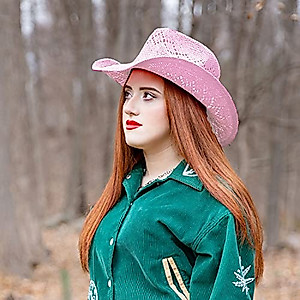 TOVOSO Straw Cowboy Hat for Women with Beaded Trim and Shapeable Brim, T52 Light Pink