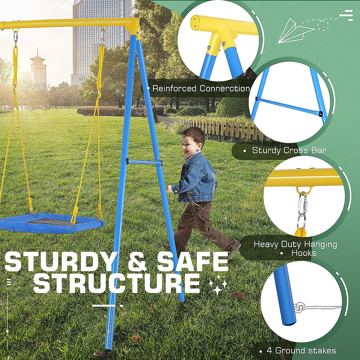 Plohee 3 in 1 Swing Sets for Backyard - 550lbs Heavy Duty Metal Kids Swing Set with Platform Swing Seat, Belt Swing Seat and Climbing Ladder for Playground