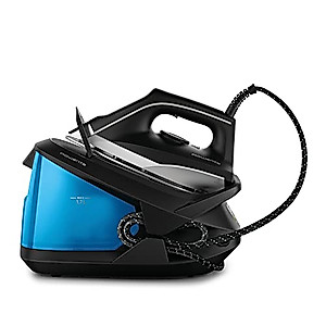 Rowenta Compact Stainless Steel Soleplate Professional Steam Station for Clothes, 57 Ounce Removable Tank, Lightweight, Compact 1500 Watts Iron, Fabric Steamer, Garment Steamer Black and Blue, VR8324.
