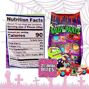 Gummy Candy Pack by Zombibites. Features One-13.2 Oz 50 Ct of Frankford's Body Parts Gummies Candies. Assorted Body Parts Candy for Halloween Gummies Candy. And a Free Zombibites Fridge Magnet!