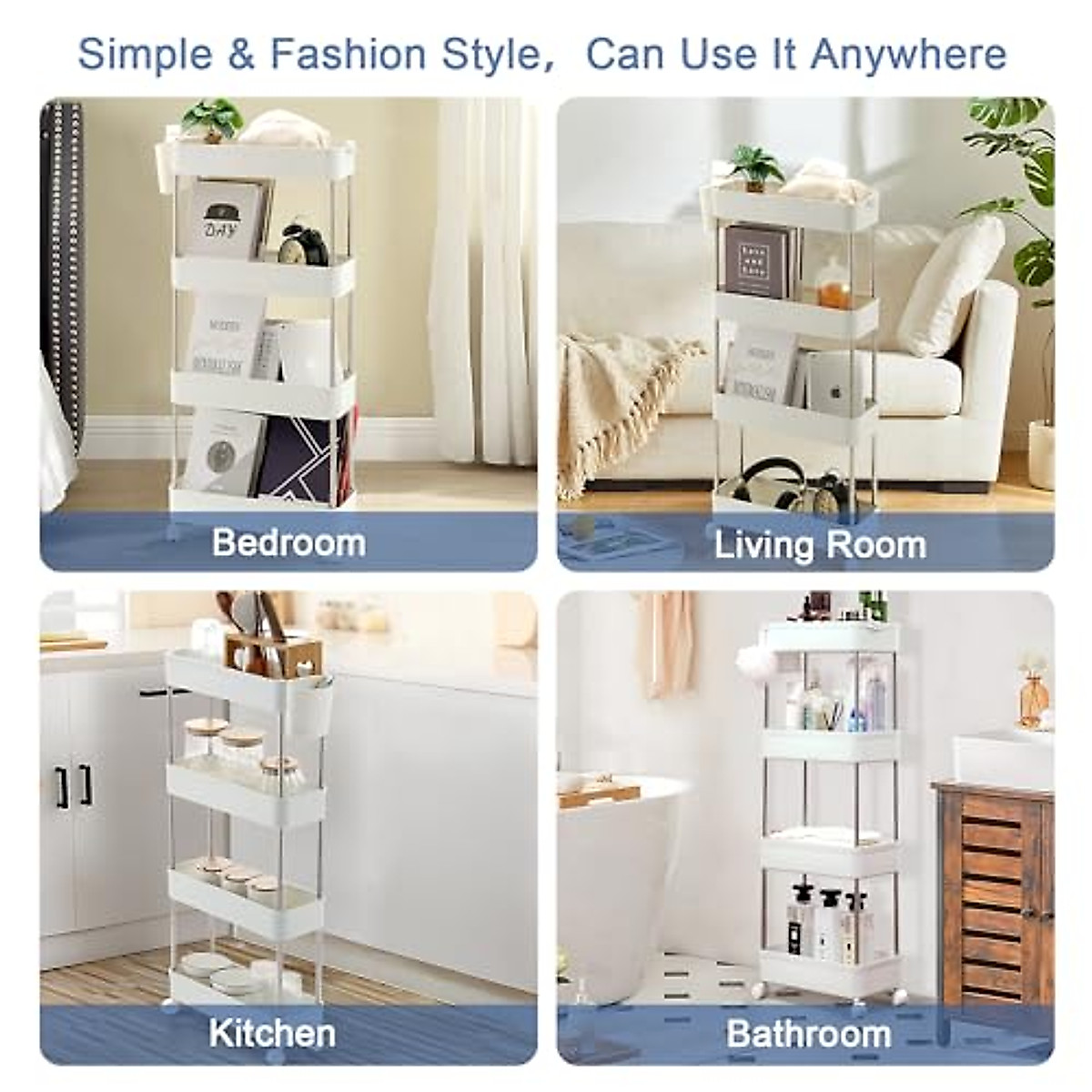 VECELO Storage Rolling Cart, 4 Tier Utility Cart Kitchen Slim Mobile Storage Unit Organizers with Wheels Hooks&Hanging Cups for Bedroom Bathroom Office Table Side in Narrow Places, White