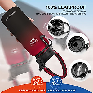 NATURE PIONEOR Insulated Water Bottles with Paracord Handle - 32 oz Vacuum Sports Wide Mouth Water Bottle with 3 Lids, Leak Proof Stainless Steel Keeps Hot and Cold