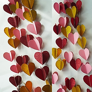 Rose-Red Gold Party Decoration, 3D Heart Garland 53Ft Hanging Love Heart Streamers, 3Packs Pink Bachelorette Party Favors Hearts Décor Valentine’s Day Birthday Engagement Wedding Bridal Shower Banner