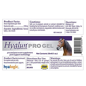Hyalogic Hyaluronic Acid Gel for Horses Orally Administered with Syringe for Equine Joint & Cartilage Support - Hyalun Pro Gel - 1 oz / 30 ml (3 Full doses) - Pre- and Post-Event Booster