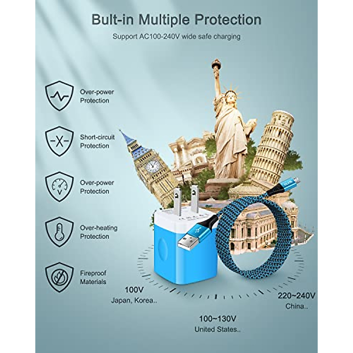 4-in-1 Android Chargers, USB Wall Charger + Micro USB Cable Multipack Fast for Samsung Galaxy S7 S6 J8 J7 J3, Kindle Fire Old Version Paperwhite Kids e-Reader Stick, Long USB A to Micro B Cords 6 Ft