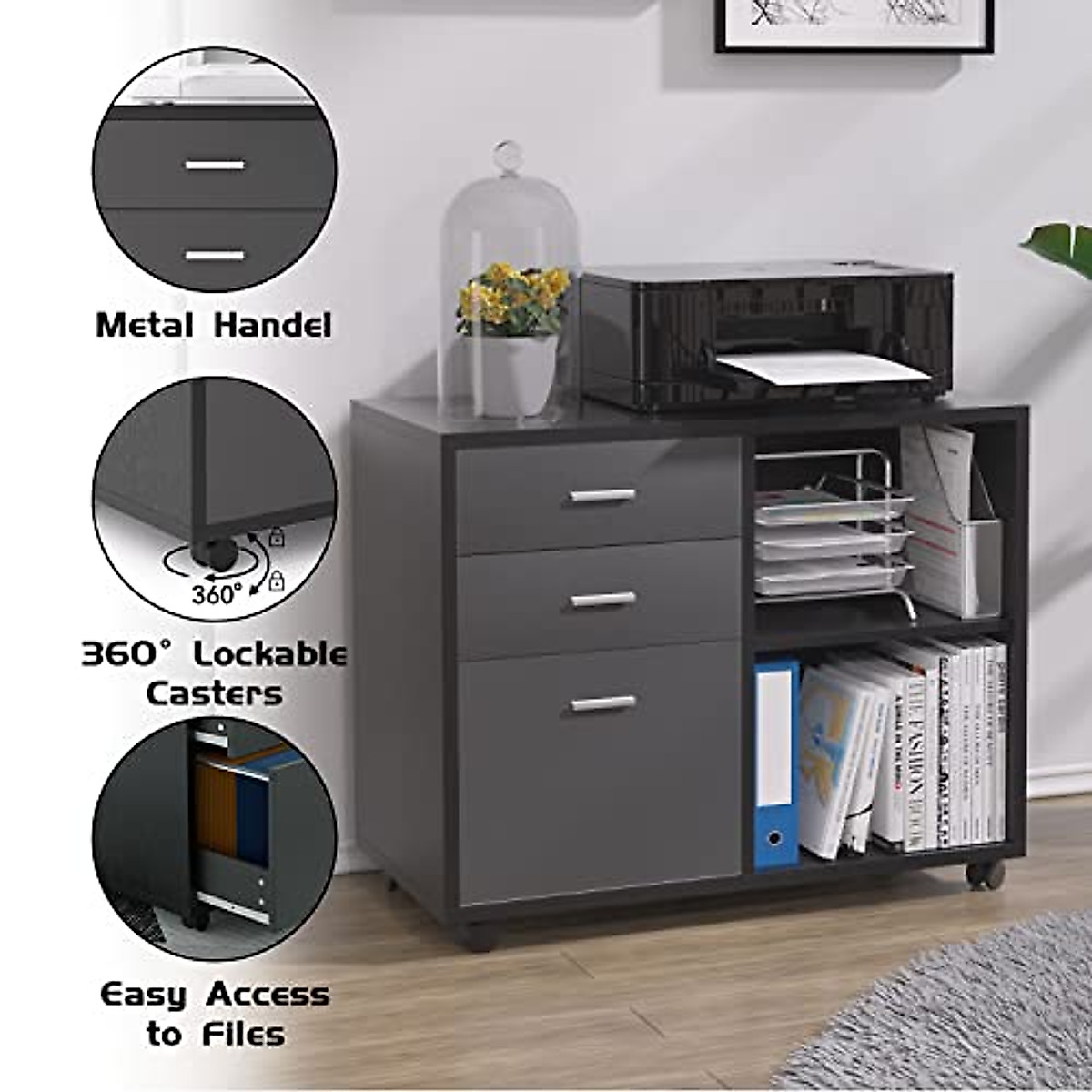 WILLIAMSPACE 3-Drawer Wood File Cabinet, Mobile Lateral Filing Cabinet on Wheels for Printer Stand with Open Storage Shelves for Home Office (Black Oak + Dark Grey)