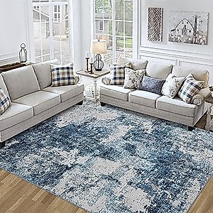 Area Rug 9x12 Living Room: Large Washable Rug with Anti-Slip Backing Non-Shedding Stain-Resistant Soft Abstract Carpet for Bedroom Dining Room Nursery Home Office (Blue)