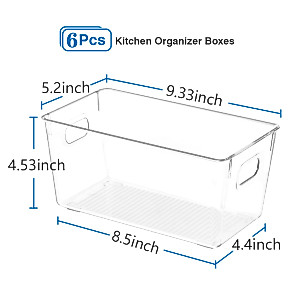 VZKAH Clear Plastic Organizer Bins 【6-Pack】– Shelf Storage Bins or Kitchen Organizing – Fridge Organizer, Pantry Organization and Food Storage Bins,Cabinet Organizers (9.32" L*5.23" W*4.52" H)