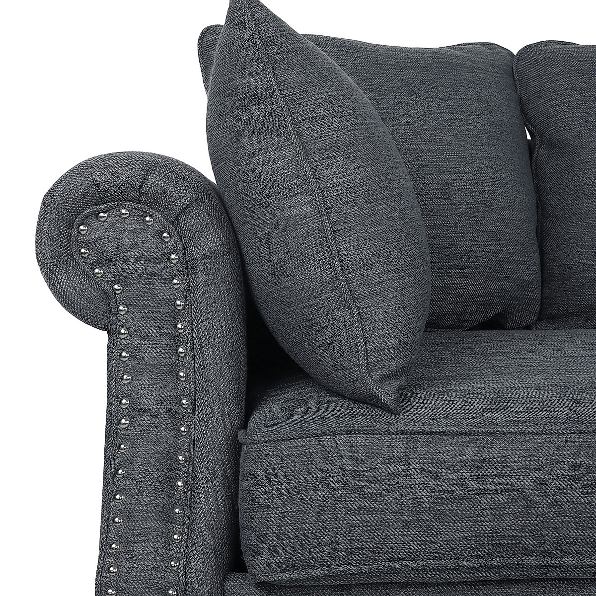 Christopher Knight Home Manbow Pillowback 3 Seater Sofa with Nailhead Trim - Charcoal/Dark Brown