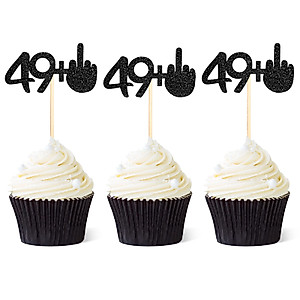 Gersoniel 24 Pieces 49 + 1 Cupcake Toppers Funny 50th Birthday Cupcake Picks Glitter Black Middle Finger Cake Toppers 50 Cupcake Decoration for Happy 50th Birthday Party Anniversary Decorations