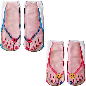 YAMKNICE 3D Flip-Flops Fun Socks,Women Girls Funny Crazy 3D Tie-Dye Socks,Look Like Shoes Sandal Novelty Silly Low Cut Ankle Socks (6 Pack)