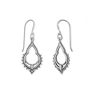 Boma Jewelry Sterling Silver Bali Style Boho Oxidized Beaded Texture Teardrop Dangle Earrings