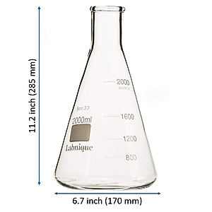 Labnique Borosilicate 3.3 Glass Conical Flask, Erlenmeyer Flask with Narrow Mouth, Graduated, Double Boxed, 2000ml (Pack of 2)