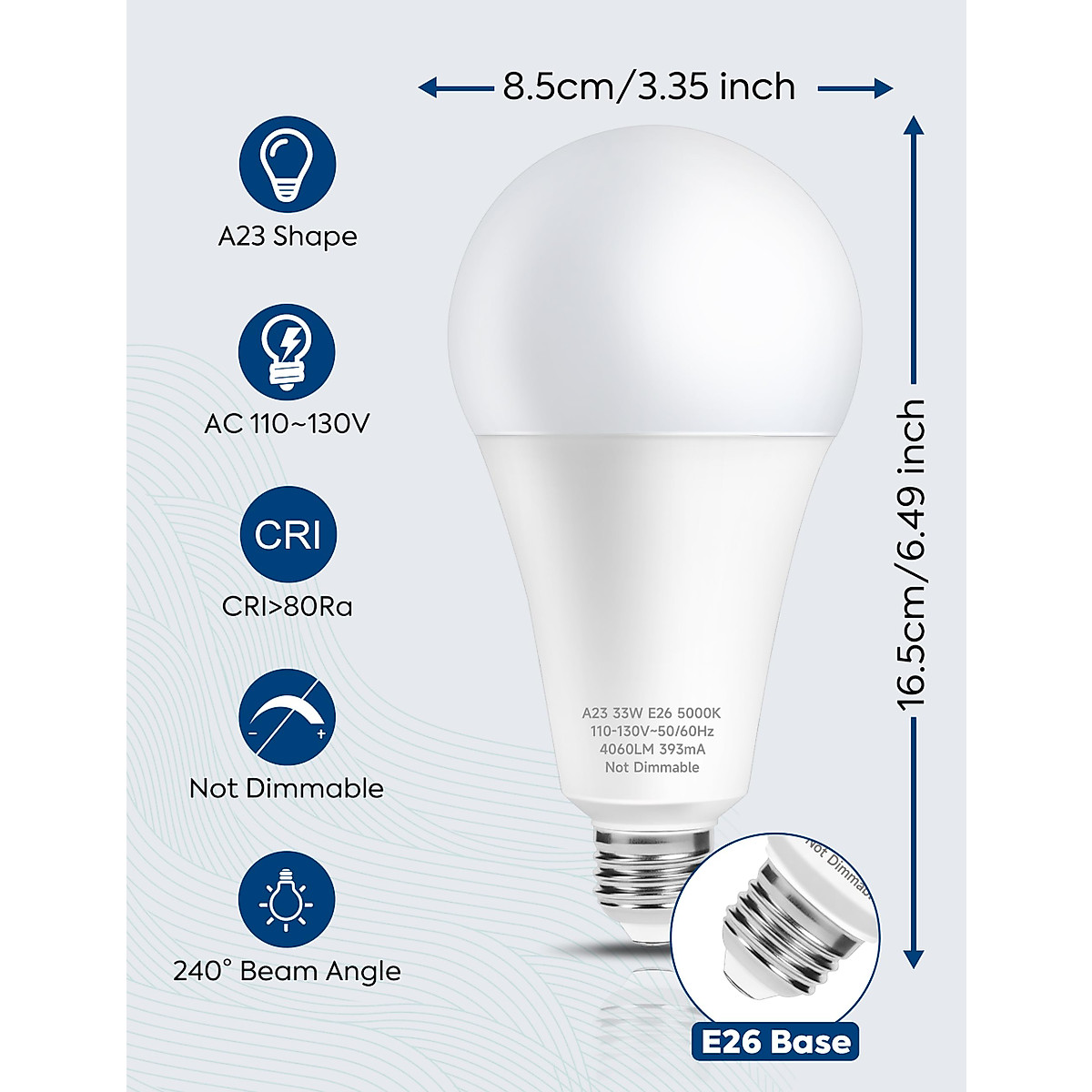 Nouscan 300W Equivalent LED Light Bulb, 4060LM Super Bright A23 LED Bulb, Daylight 5000K, 33W Energy Saving, E26 Medium Base, 120V for Garage, Warehouse, Shop, Supermarket, Non-Dimmable, 2 Pack