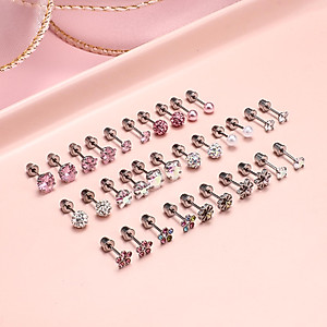 THUNARAZ 16 Pairs Hypoallergenic Screw Back Earrings for Women Girls Surgical Steel Tiny CZ Pearl Ball Heart Flower Screwback Flat Back Stud Earrings Set 20G