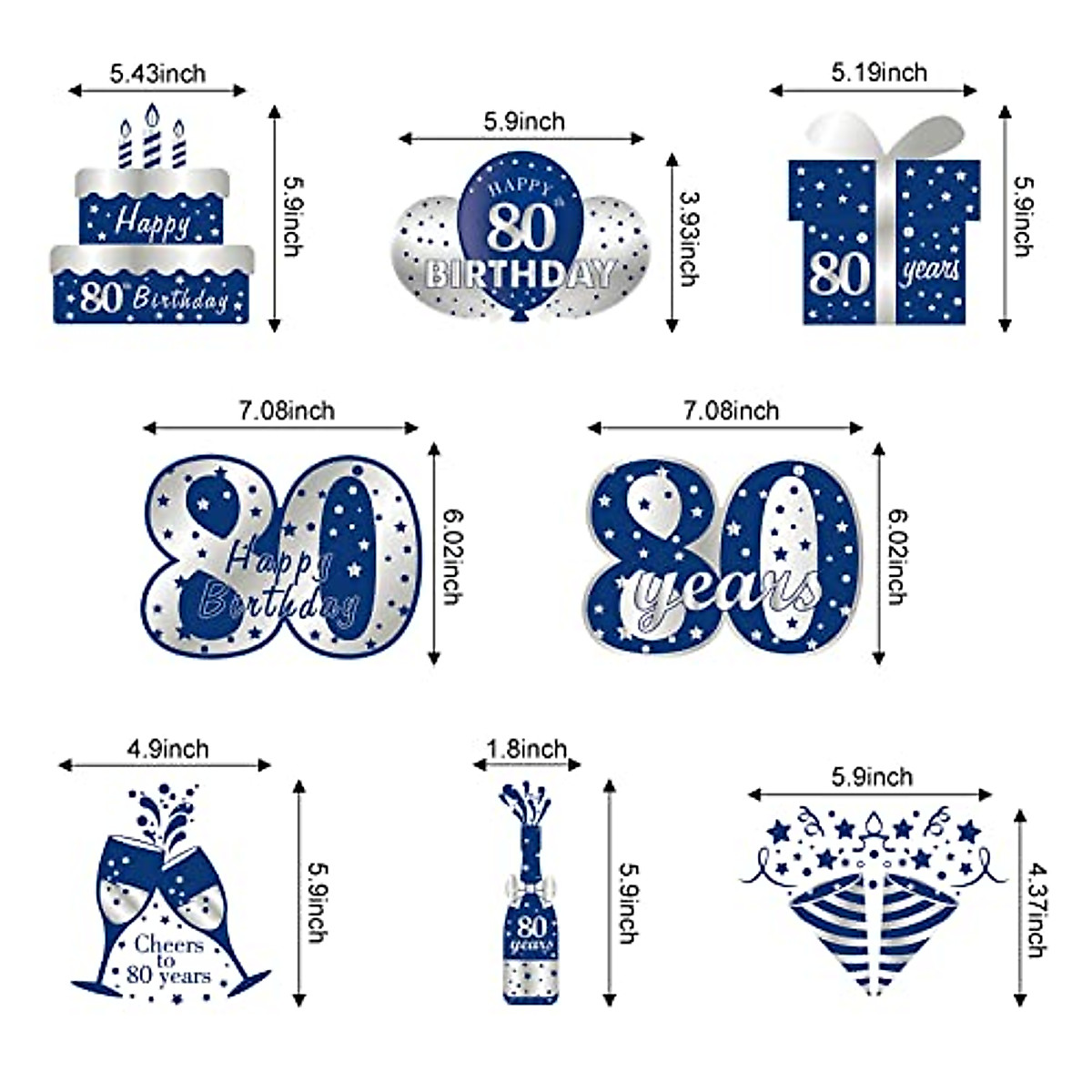 Blue Silver 80th Birthday Hanging Swirls Decorations for Men, 16Pcs Happy 80 Year Old Birthday Foil Swirl Party Supplies, Eighty Birthday Ceiling Hanging Sign Decor