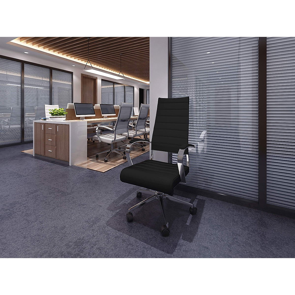 2xhome Set of 2 Black Modern High Back Tall Ribbed PU Leather Office Chair Swivel Tilt Adjustable Chair Designer Boss Executive Management Conference Room Work Task Computer