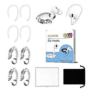 SUOFEIK 4 Pairs Ear Hooks Compatible with Apple AirPods 3, 1, 2 and Pro, Anti-Slip Anti-Drop Ear Covers AirPods Accessories for Running, Cycling and Other Activities (2White+2Transparent)