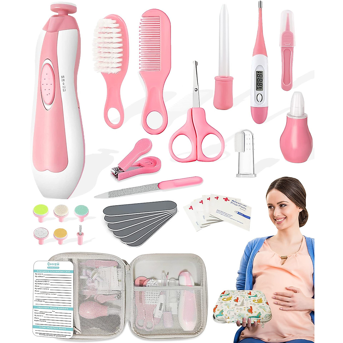 30 in 1 Baby Healthcare and Grooming Kit, Portable Baby Electric Nail Trimmer Set, Newborn Nursery Care Kit Baby Essentials with Baby Healthcare kit, Medicine Dispenser, Haircut Tools, etc (Pink)