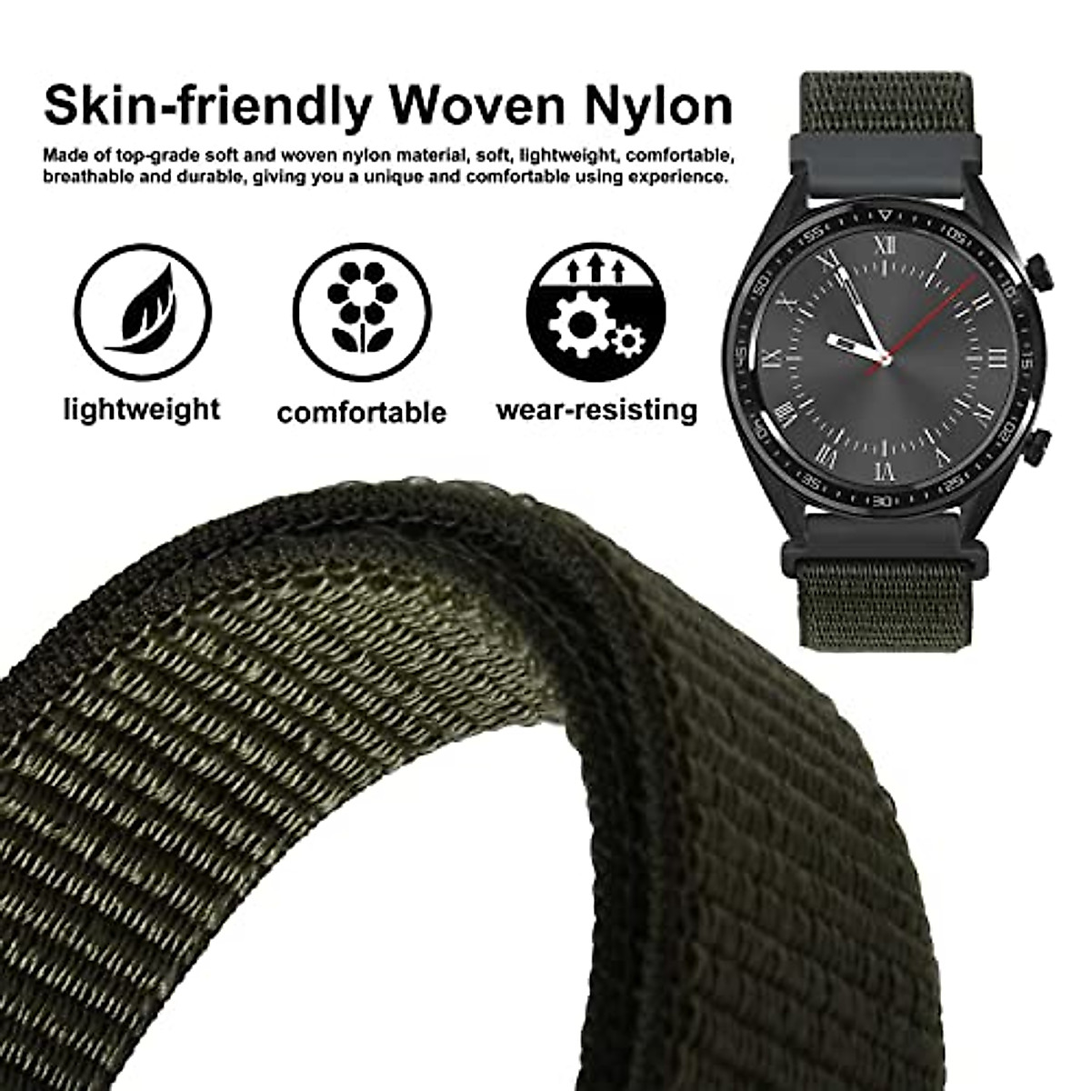 WOCCI 18mm Adjustable Nylon Watch Band, Quick Release Sport Loop Strap (Army Green)
