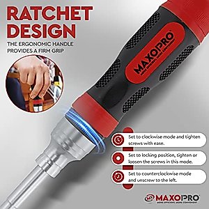 MaxoPro Ratcheting Screwdriver Set with Magnetic Tips - 19 In 1 Ratchet Multi Screwdriver - Portable and Multipurpose All In One Screwdriver, Phillips//Torx-Star/Hex/Square Bits
