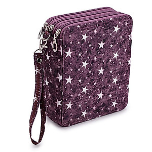 BTSKY Zippered Pencil Case-Canvas 72 Slots Handy Pencil Holders with Printing Pattern for Prismacolor Watercolor Pencils, Crayola Colored Pencils, Marco Pencils Purple Stars