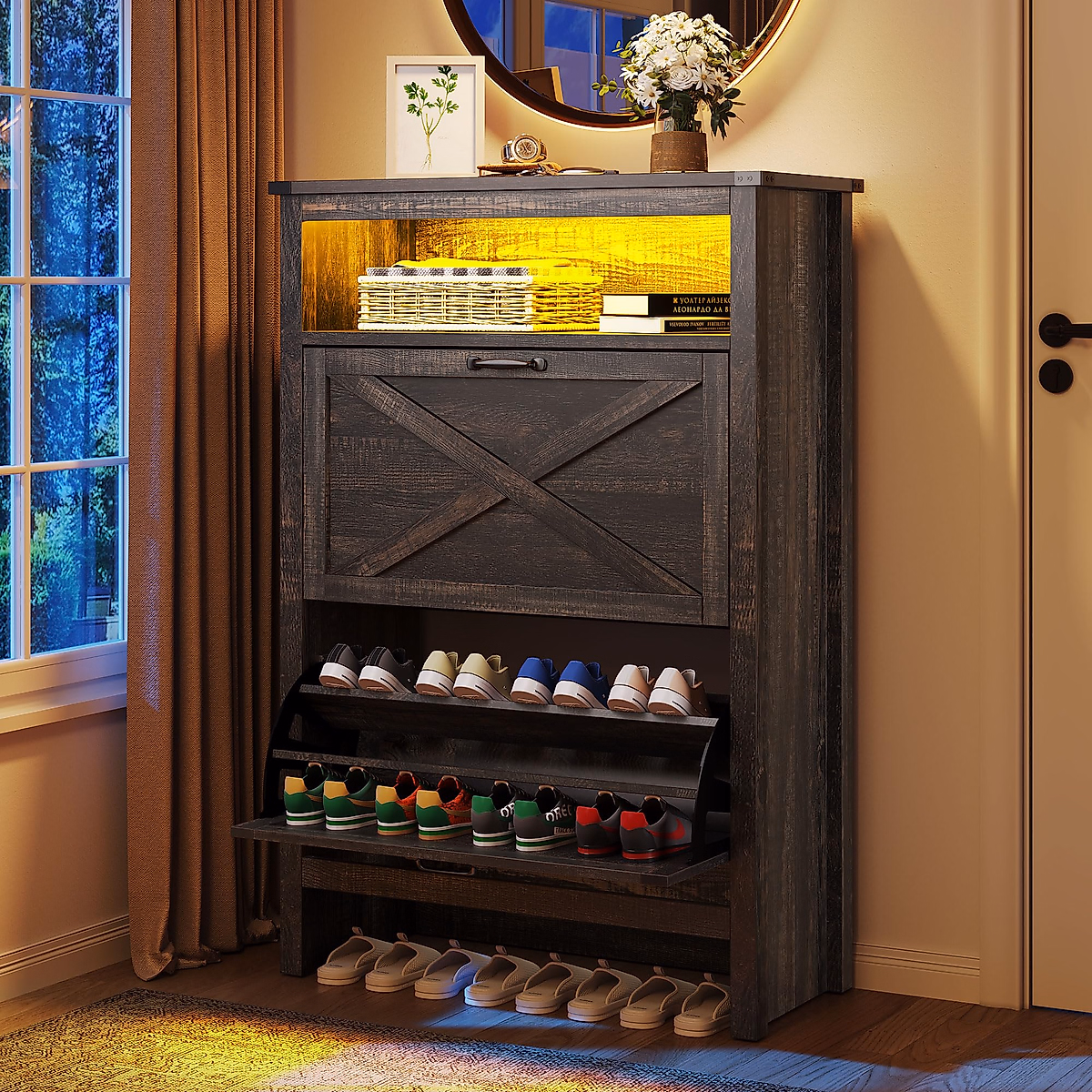 YITAHOME Shoe Cabinet with 2 Flip Drawers, Entryway Shoe Storage Cabinet with Open Shelves and Led Light, Free Standing Hidden Shoe Rack Organizer for Entryway/Hallway/Closet, Dark Rustic Oak