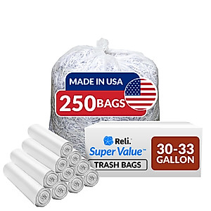 Reli. SuperValue 33 Gallon Trash Bags (250 Count Bulk) Clear, Made in USA | 30 Gallon - 33 Gallon Trash Bags / Garbage Bags - Clear Recycling Bags / Can Liners for 30 Gal - 32 Gal - 33 Gal Strength