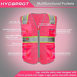 HYCOPROT High Visibility Mesh Reflective Safety Vests with Pockets and Zipper, Meets ANSI/ISEA Standards (Pink, Small)